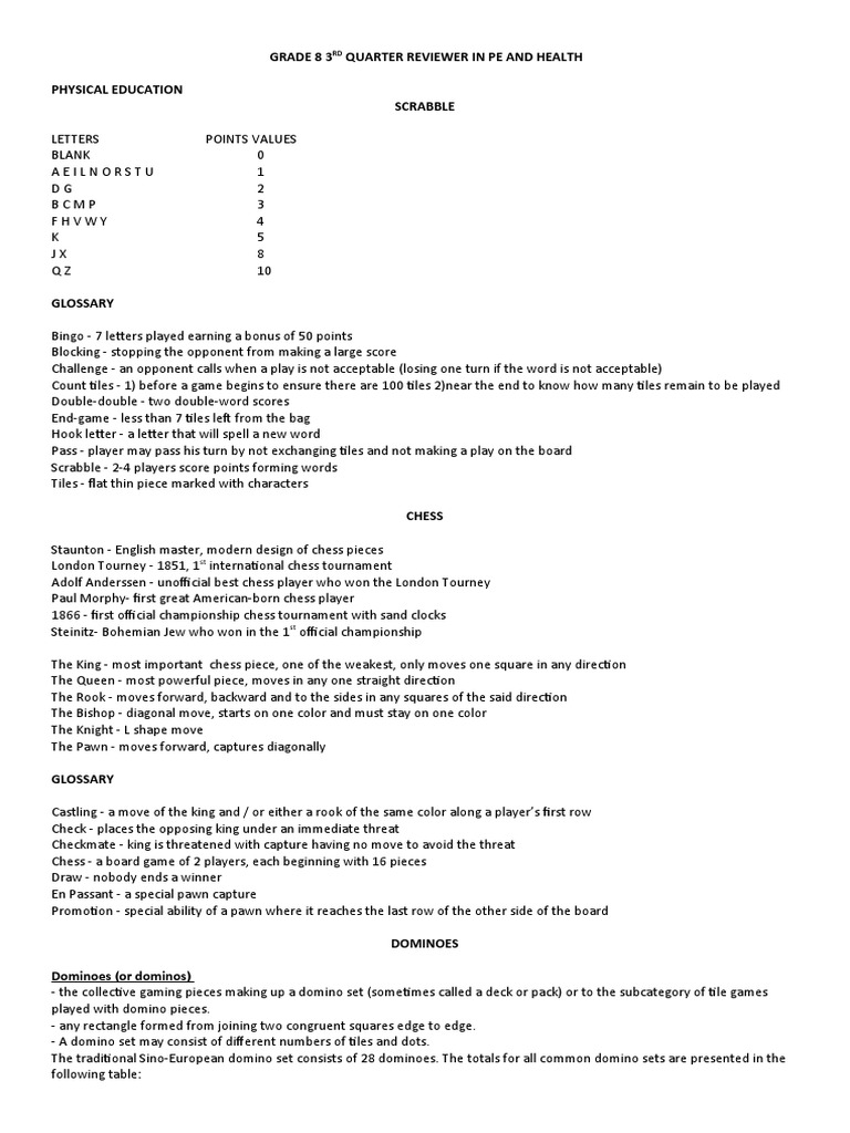 Grade 8 3RD Quarter Reviewer in Pe and Health | PDF | Chess | Board Games