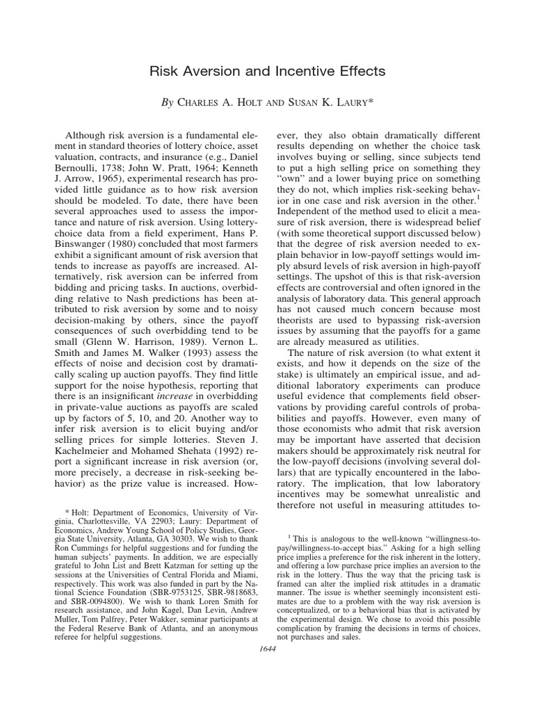 Risk Aversion and Incentive Effects (Holt & Laury,) | PDF | Risk Aversion | Risk