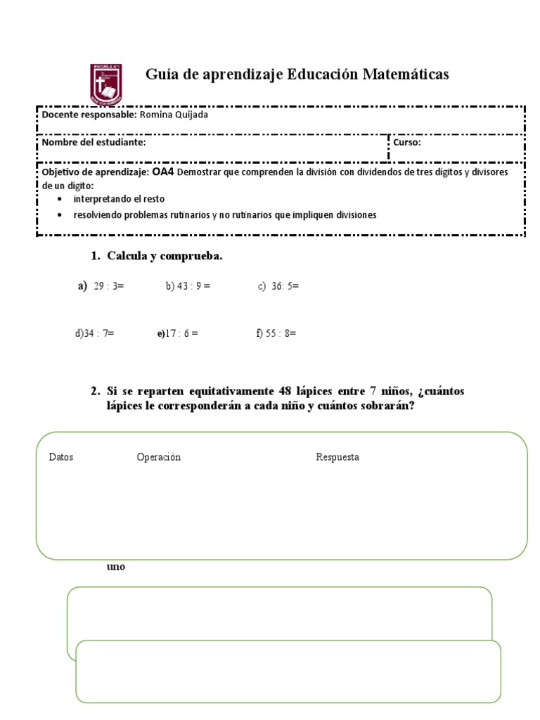 Guía de Aprendizaje Educación Matemáticas | PDF | División (Matemáticas ...