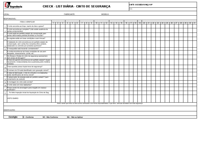 Check List Cinto de Segurança | PDF