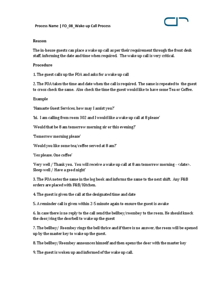 FO - 08 - Wake Up Call Process | PDF