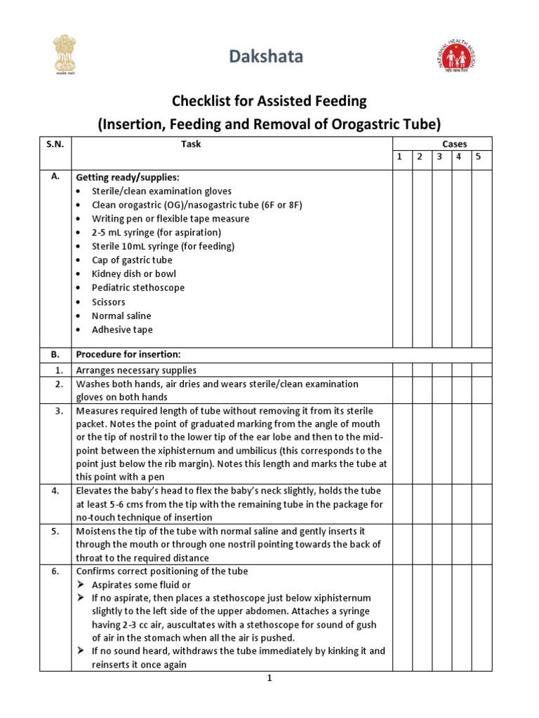 Dakshata: Checklist For Assisted Feeding (Insertion, Feeding and ...