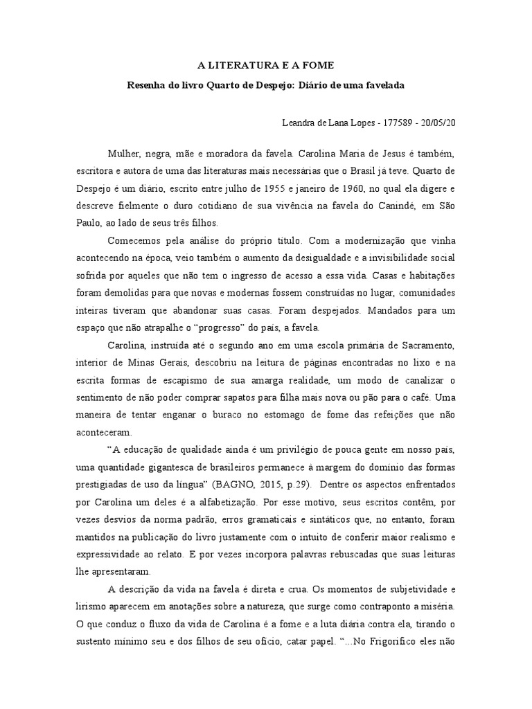 Resenha Quarto de Despejo - Leandra L. Lopes 177589 | PDF