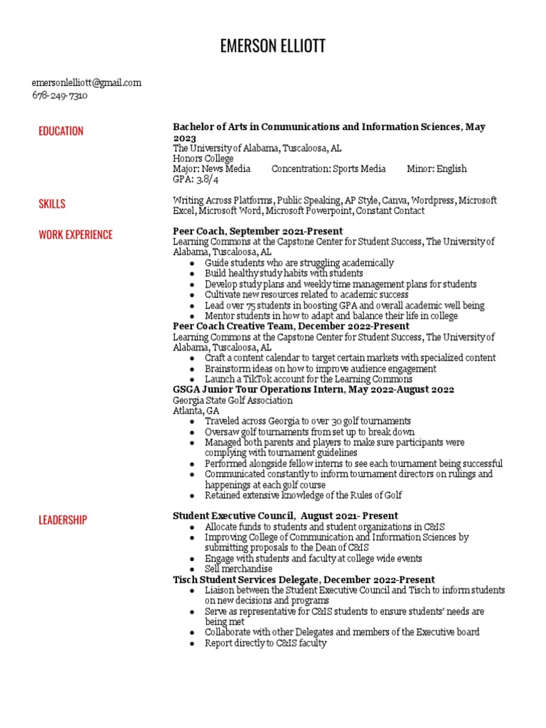Emerson Elliott Resume | Download Free PDF | University Of Alabama ...