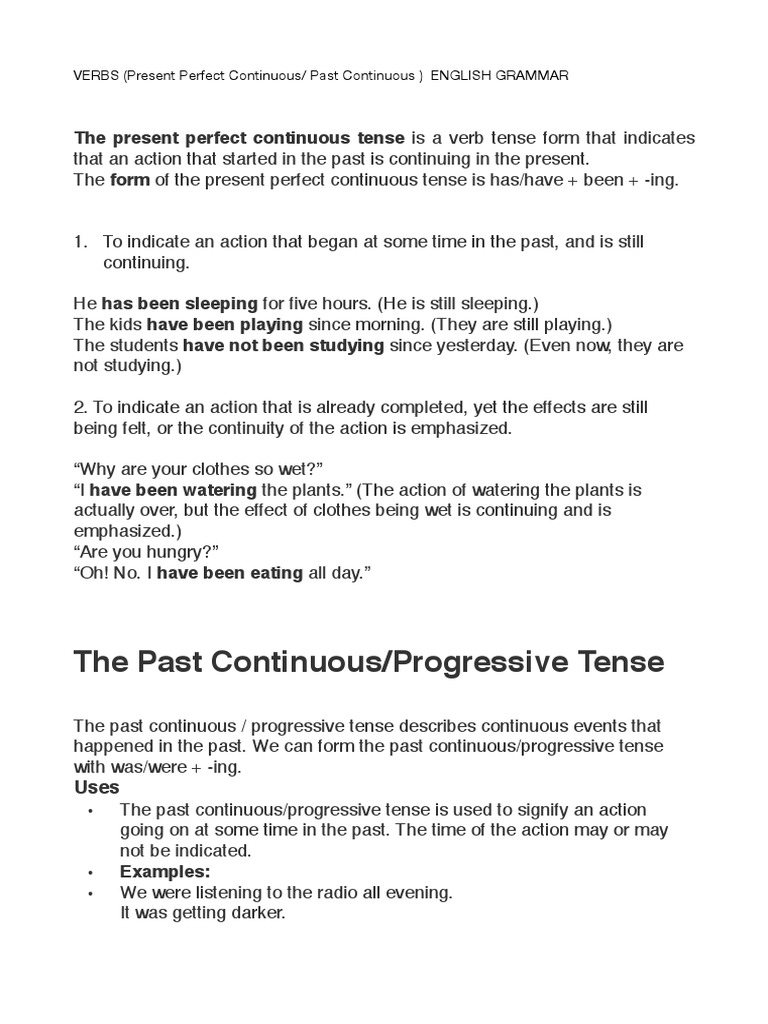 Understanding The Present Perfect Continuous And Past Continuous Tenses