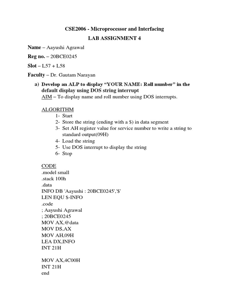 CSE2006 - Display Name and Roll using Interrupts | PDF | String (Computer Science) | Filename