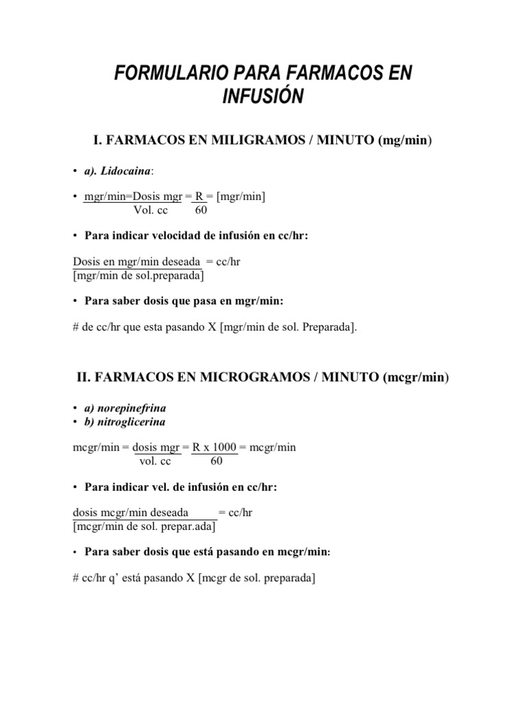 Formulas para Farmacos en Infusion | PDF