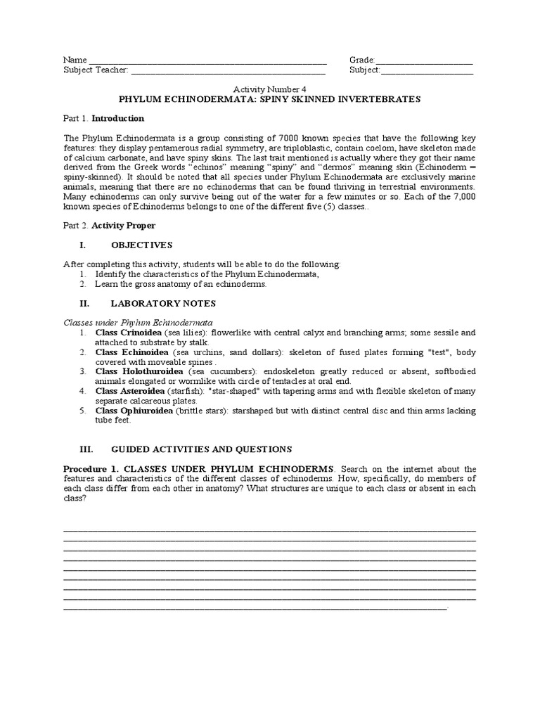 Echinodermata Lab Activity Guide | PDF
