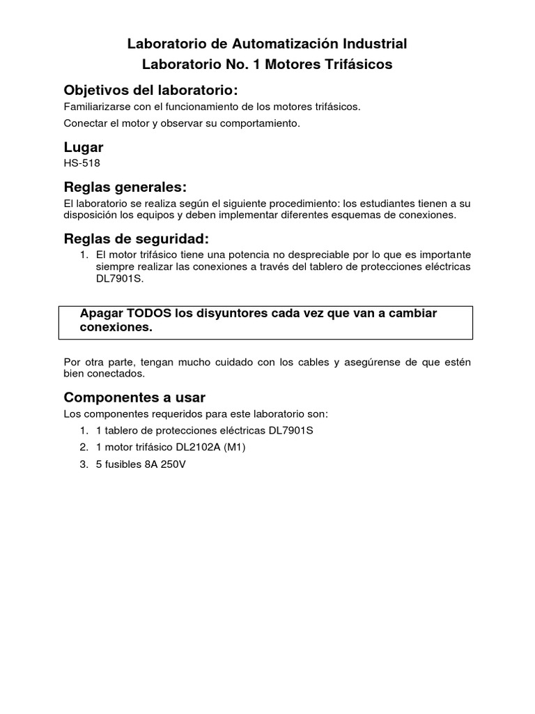 Laboratorio de Automatización Industrial Laboratorio No. 1 Motores Trifásicos Objetivos Del ...