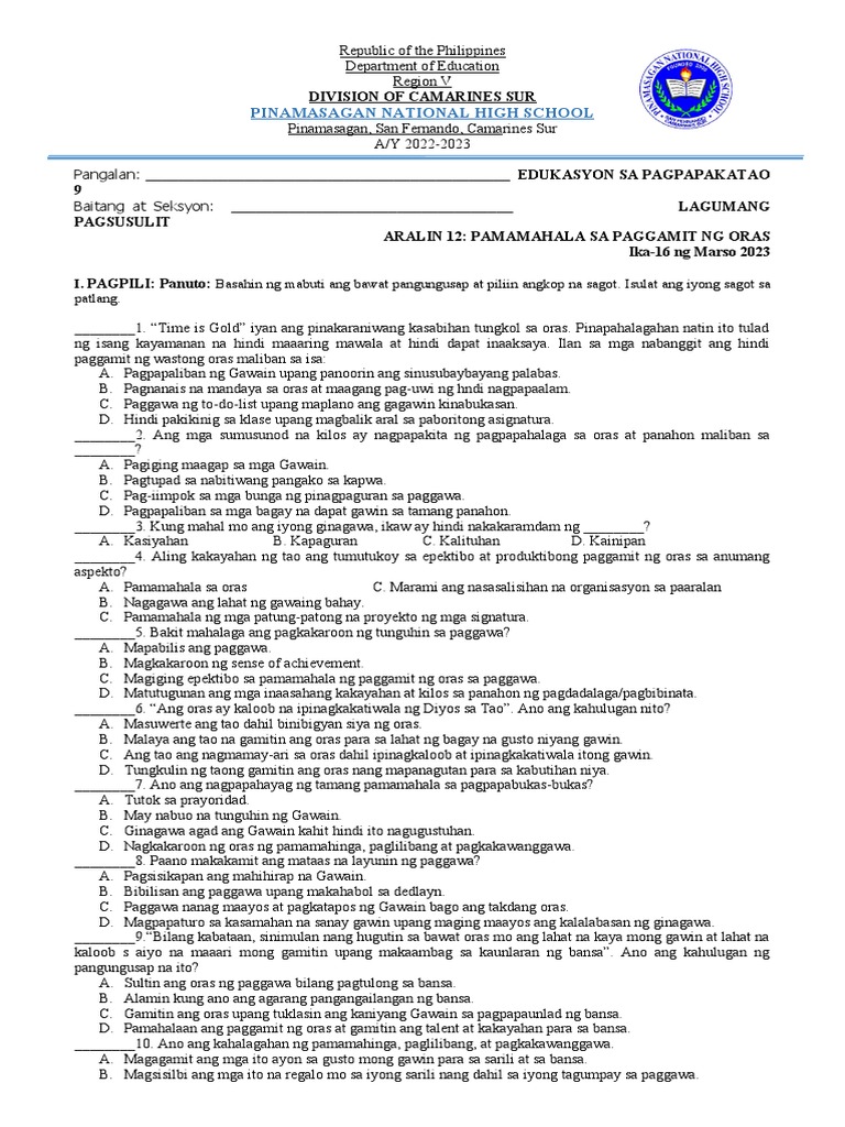 Q12 - Pamamahala Sa Paggamit NG Oras | PDF