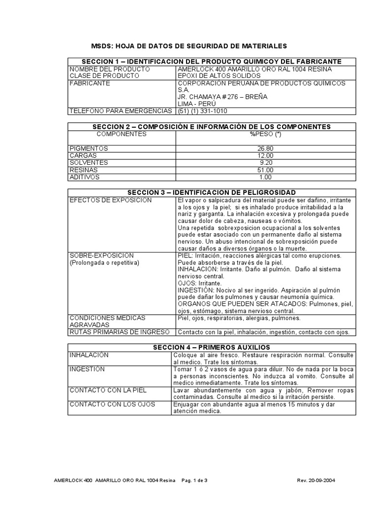 Amerlock 400 Amarillo Oro Ral 1004 Resina | PDF | Agua | Solvente