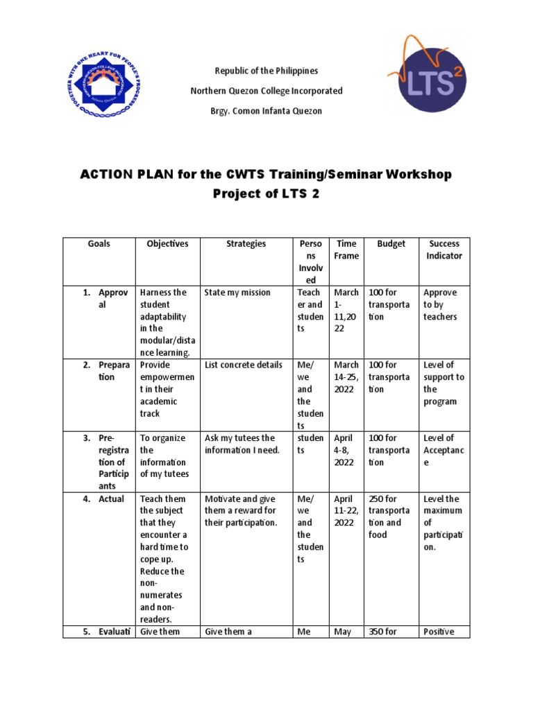 ACTION PLAN For The CWTS Training/Seminar Workshop Project of LTS 2 ...