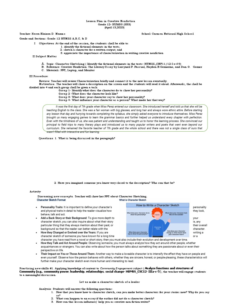 Lesson Plan in Character Sketching | PDF | Knowledge | Teachers
