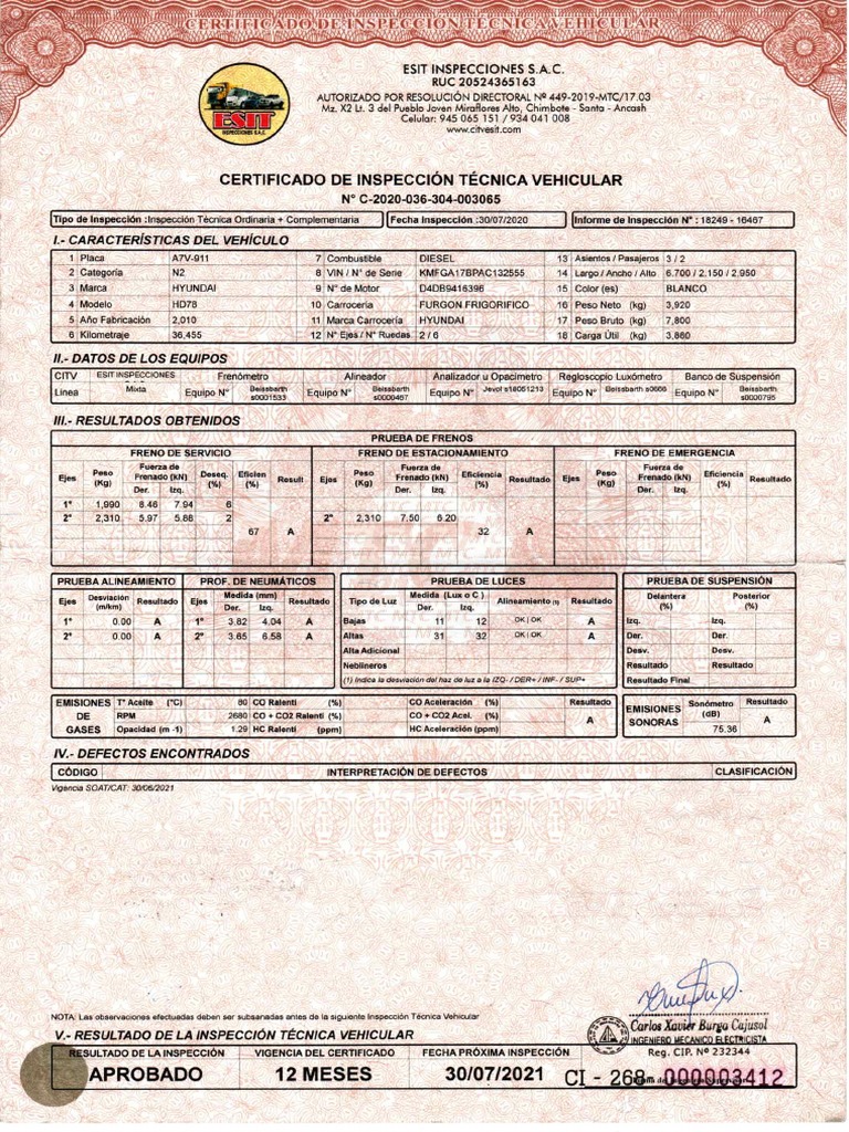 Certificado de Inspeccion Tecnica | PDF