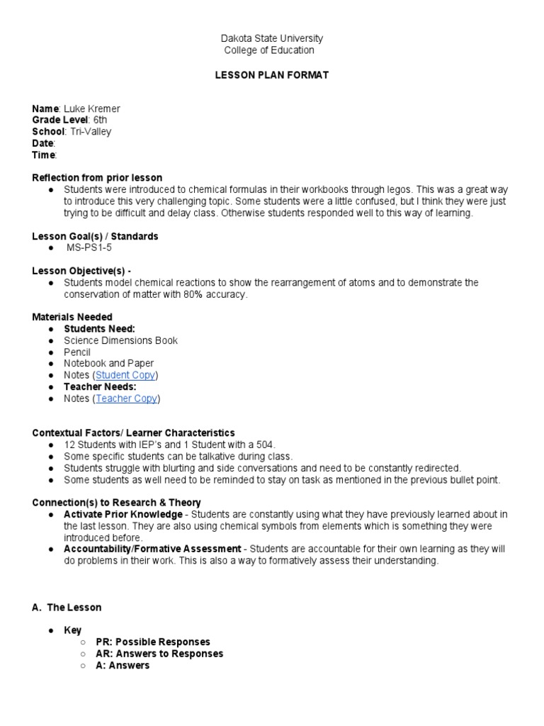 6th Grade Chemical Reactions Lesson Plan | PDF | Chemistry | Chemical ...