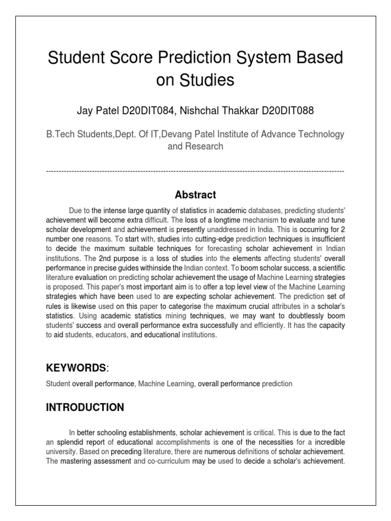Student Score Prediction System Based On Studies: Jay Patel D20DIT084 ...