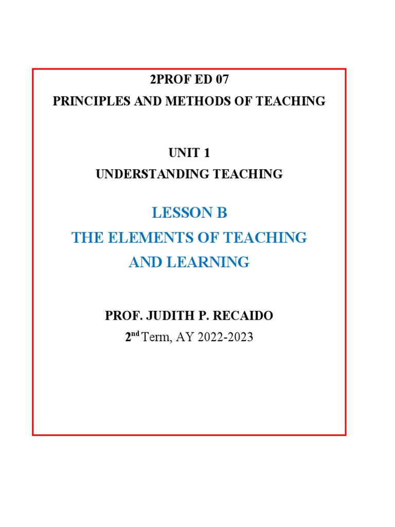 Unit 1 Lesson 2 Elements of Teaching and Learning 1 | PDF | Learning ...