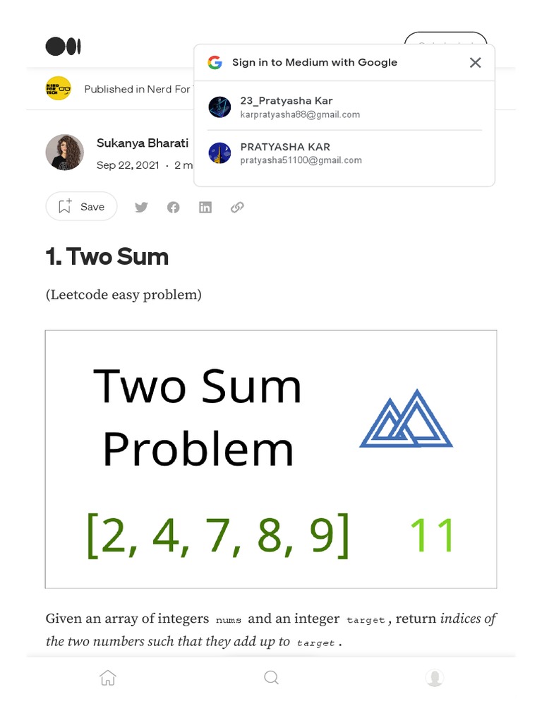Two Sum. (Leetcode Easy Problem) - by Sukanya Bharati - Nerd For Tech - Medium | PDF | Computer ...