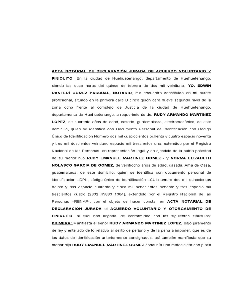 Acta Notarial de Declaración Jurada de Acuerdo Voluntario y Finiquito | PDF | Derecho