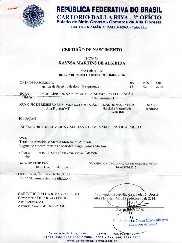 Certidão de Nascimento Rayssa | PDF