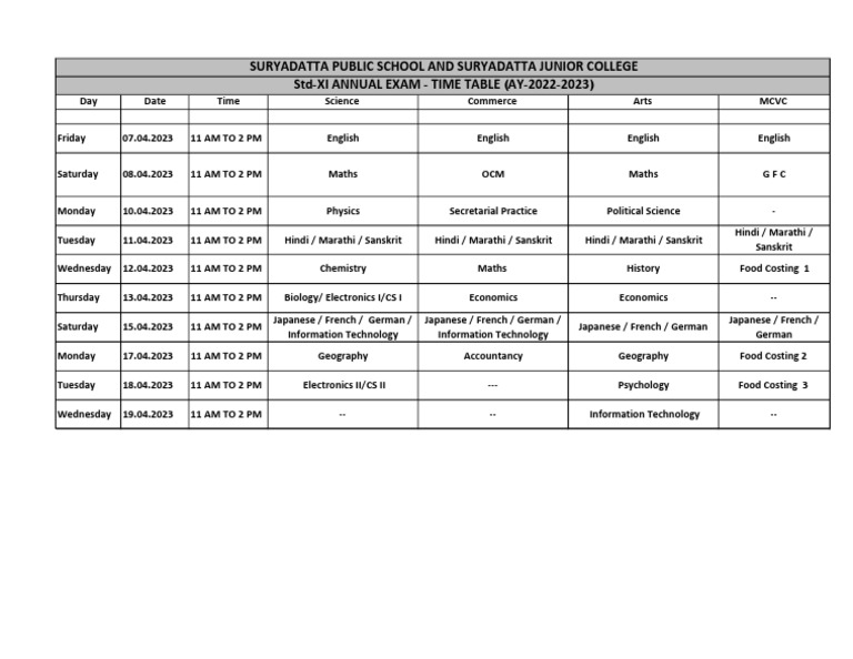 Xi - Annual Exam Time Table 2022-23 | PDF