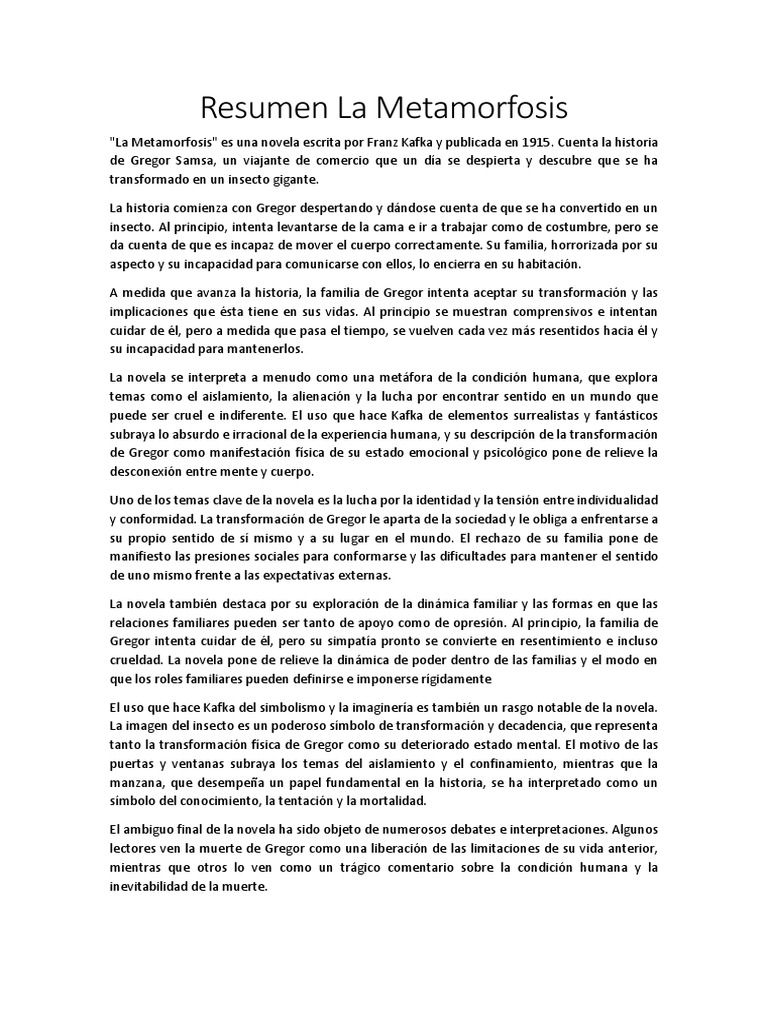 Resumen La Metamorfosis | PDF | La metamorfosis | Franz Kafka