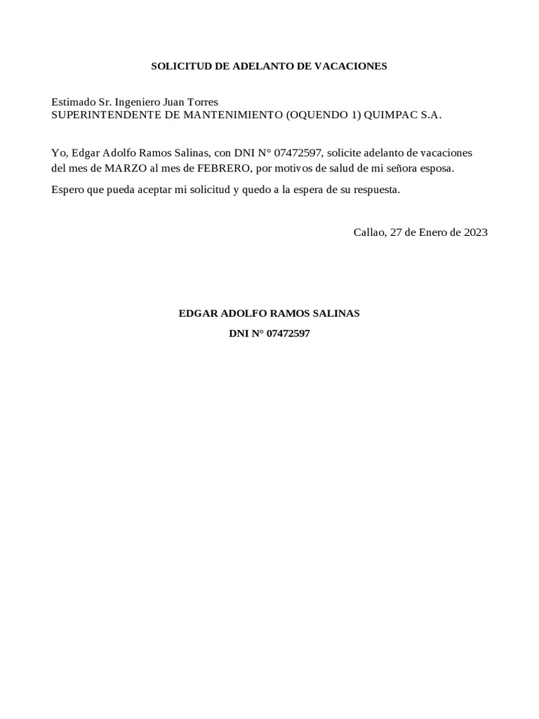 Solicitud de Adelanto de Vacaciones | PDF