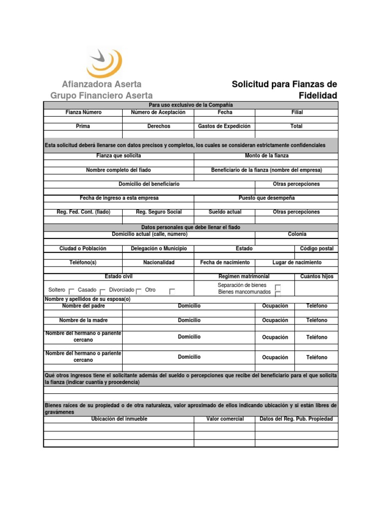 Afianzadora Aserta Grupo Financiero Aserta: Solicitud para Fianzas de ...