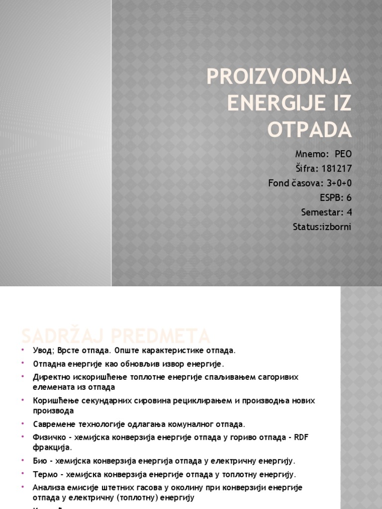 Proizvodnja Energije Iz Otpada (Predmet) | PDF