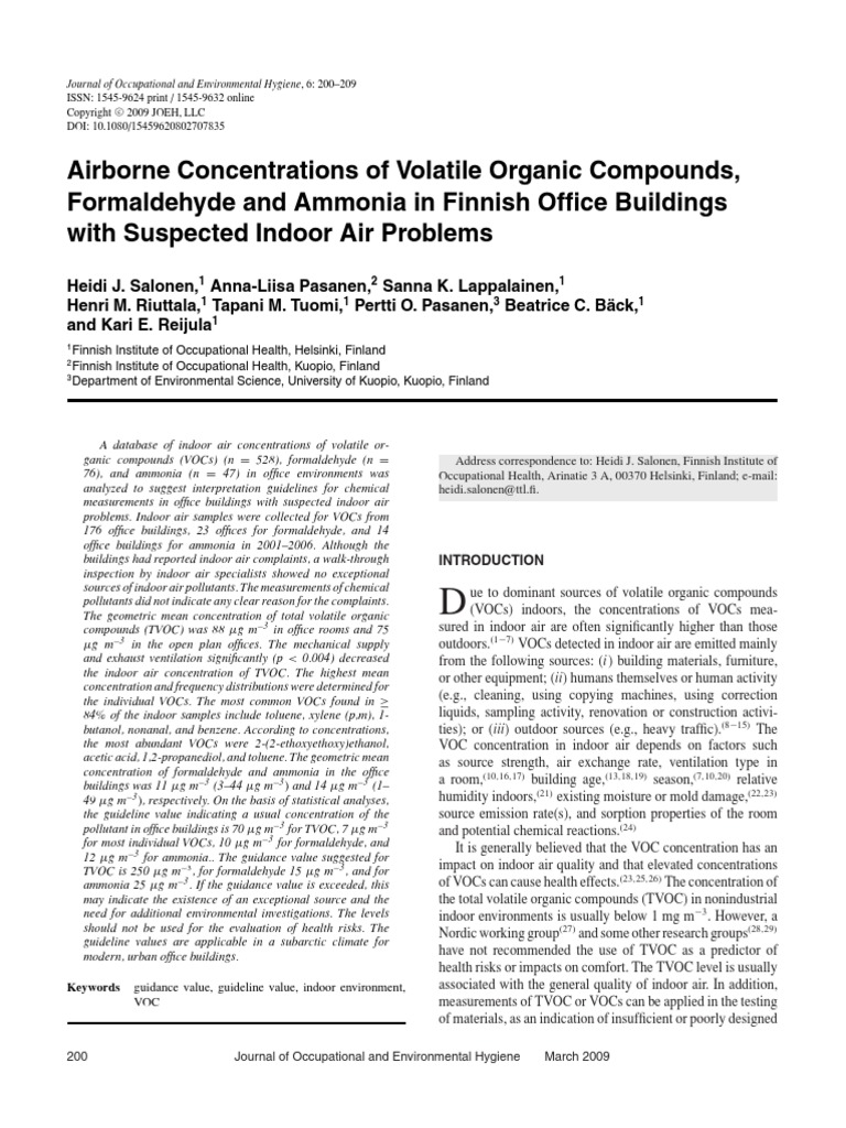 Airborne Concentrations of Volatile Organic Compounds, Formaldehyde and ...