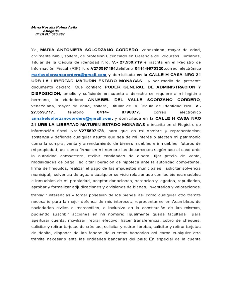 Poder general de administración y disposición otorgado por María ...