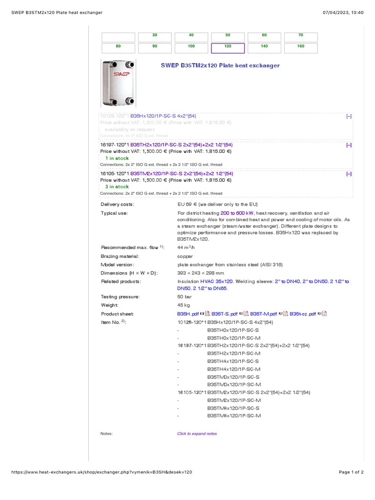 SWEP B35TM2x120 Plate Heat Exchanger | PDF | Heat Exchanger ...