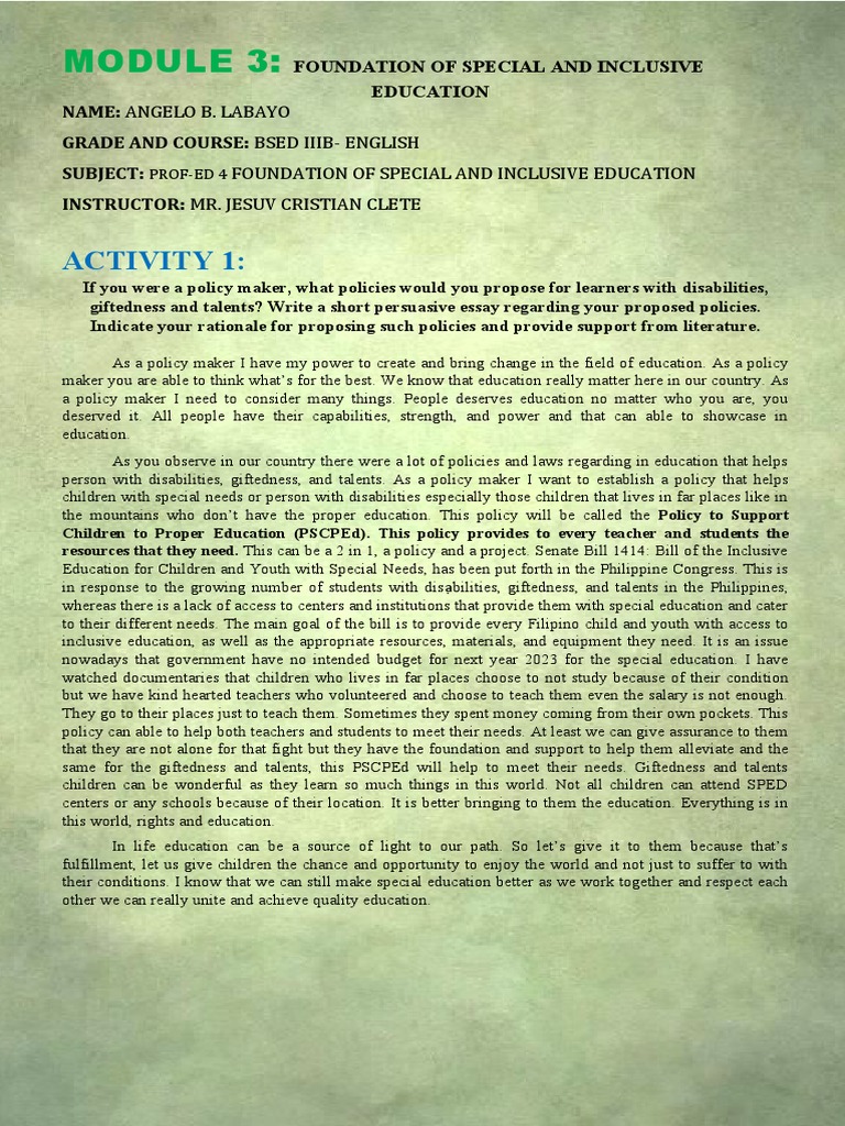 Module 3 Activity 1 Profed | PDF | Special Education | Behavior Modification
