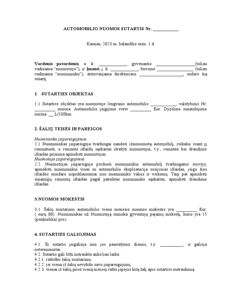 Automobilio Nuomos Sutartis | PDF