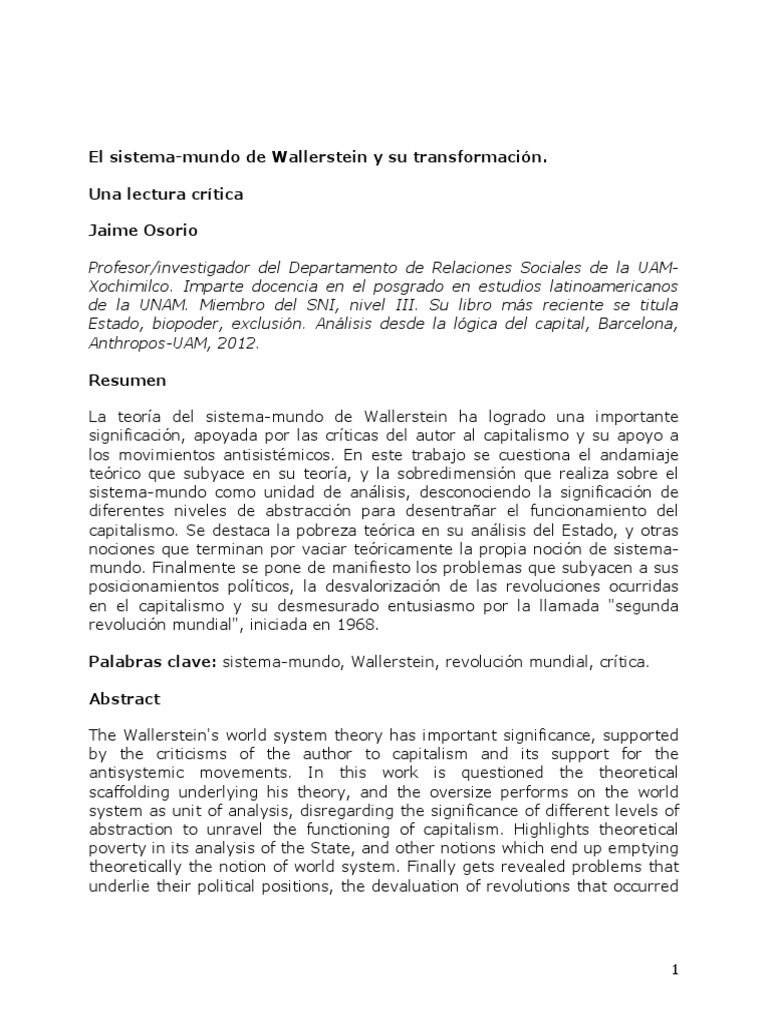 El sistema-mundo de Wallerstein | PDF | Teoría de sistemas mundiales ...