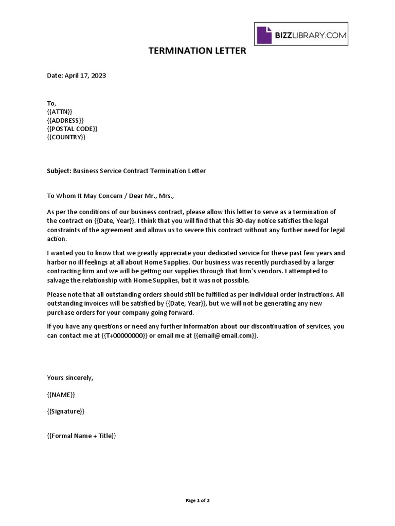 Business Service Contract Termination Letter | PDF | Finance & Money ...