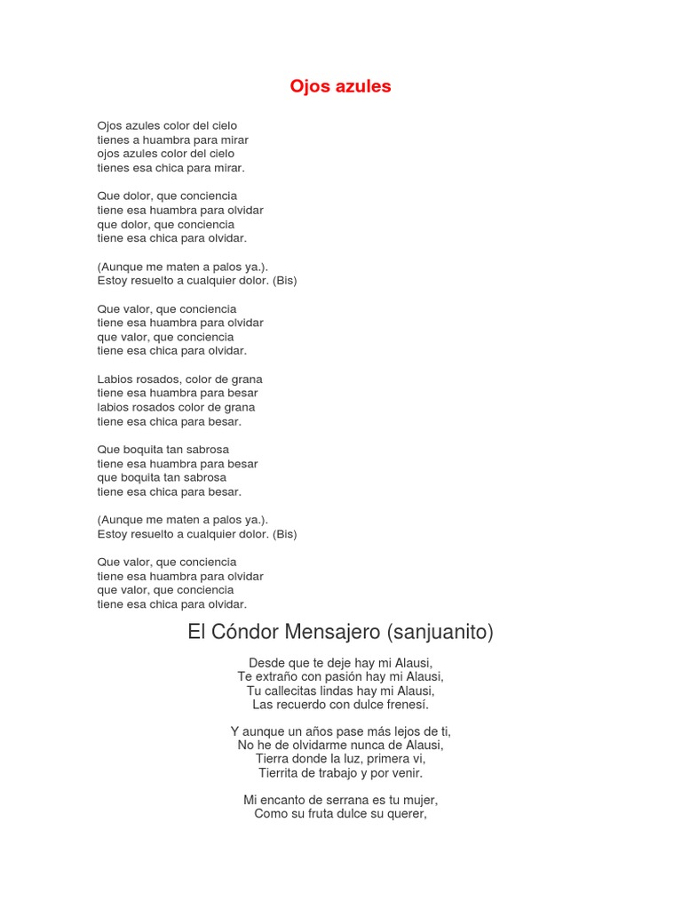 Ojos Azules: El Cóndor Mensajero (Sanjuanito) | PDF