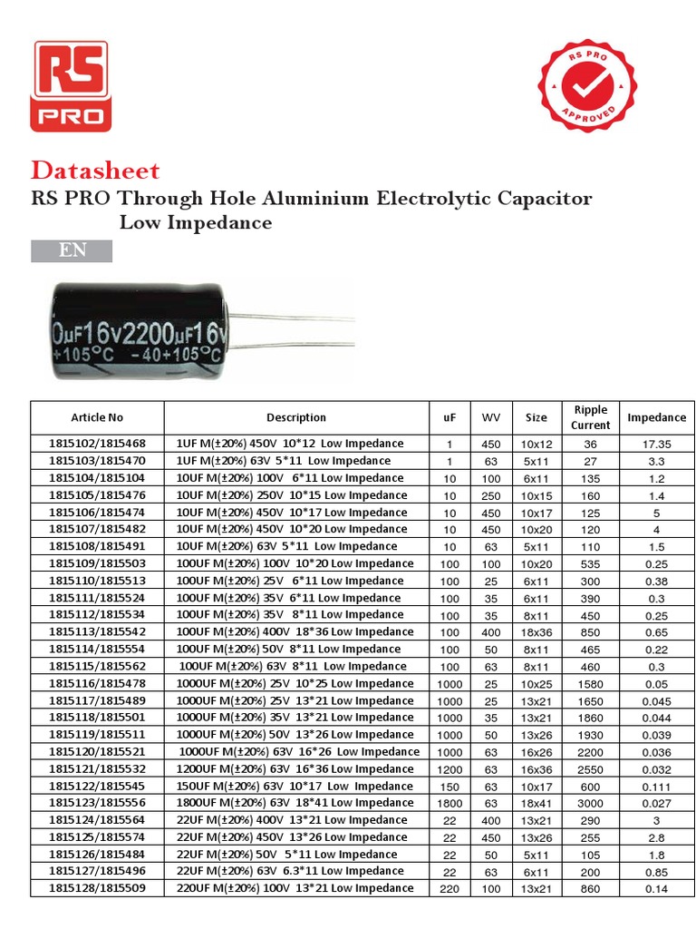 Datasheet: RS PRO Through Hole Aluminium Electrolytic Capacitor Low ...
