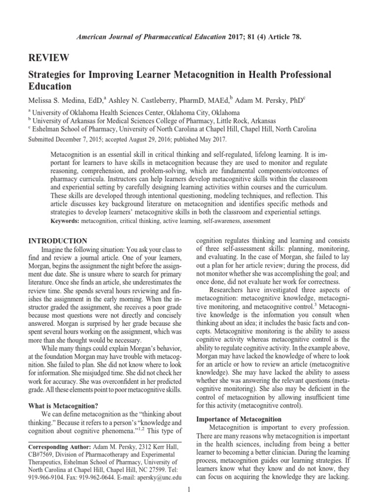 Strategies For Improving Learner Metacognition in Health Professional | PDF | Metacognition ...