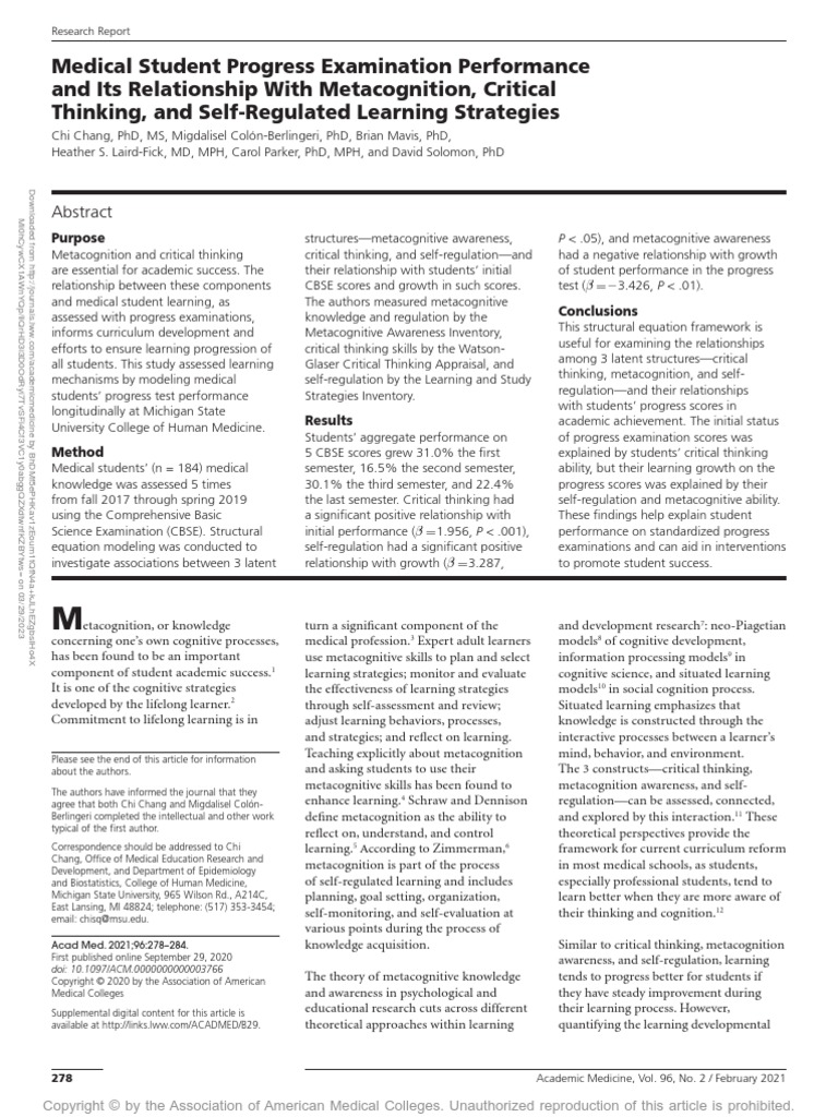 Medical Student Progress Examination Performance and Its Relationship With Metacognition ...