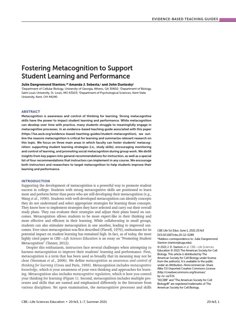 Fostering Metacognition To Support | PDF | Metacognition | Learning
