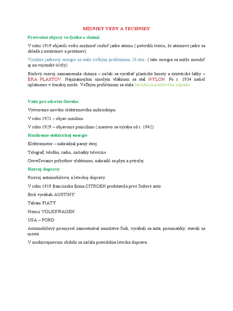 Míľniky Vedy A Techniky - Poznámky | PDF