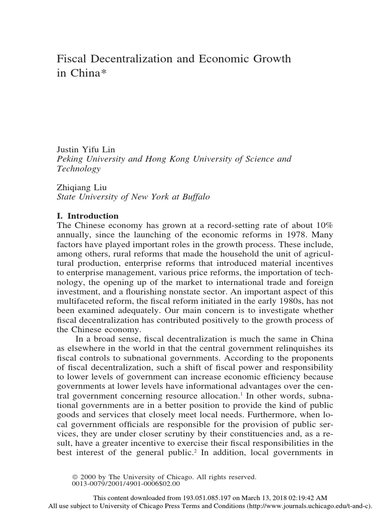 Fiscal Decentralization and Economic Growth in China | PDF | Economic ...