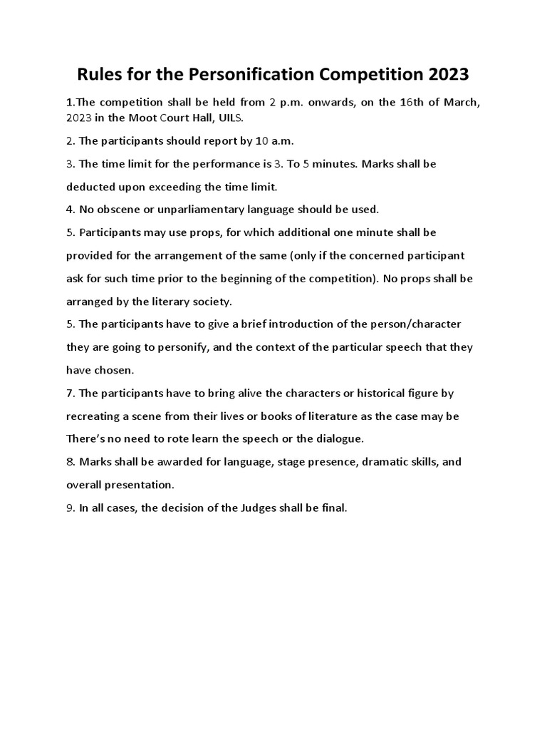 Rules For The Personification Competition 2023 | PDF
