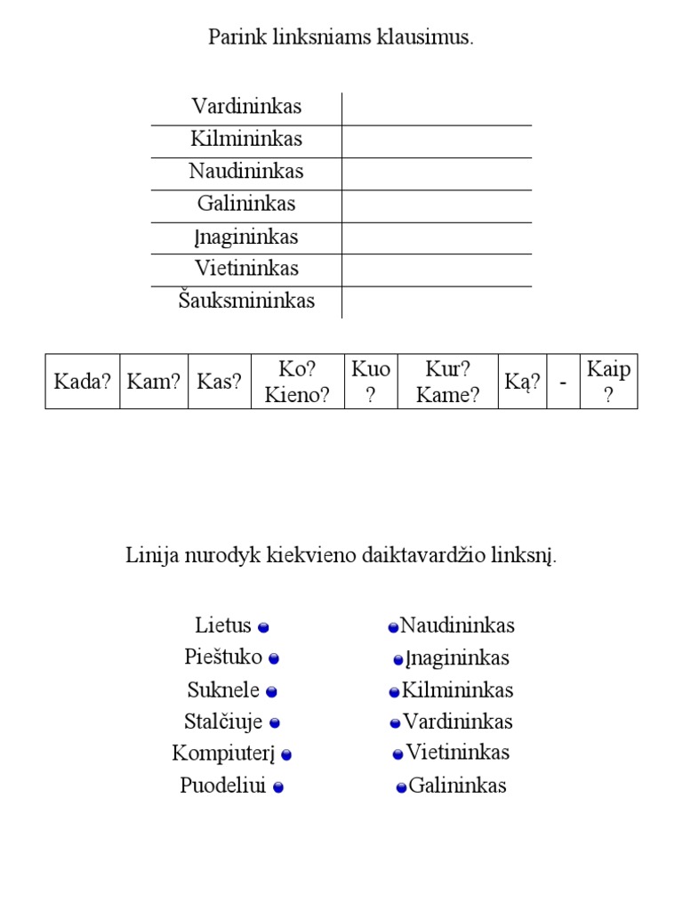 Lietuvių Kalbos Užduotys 4 Klasė Linksniavimas | PDF