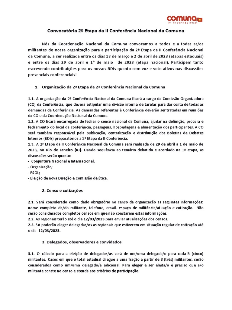 Convocatória 2 Etapa Da II Conferência Nacional Da Comuna | PDF