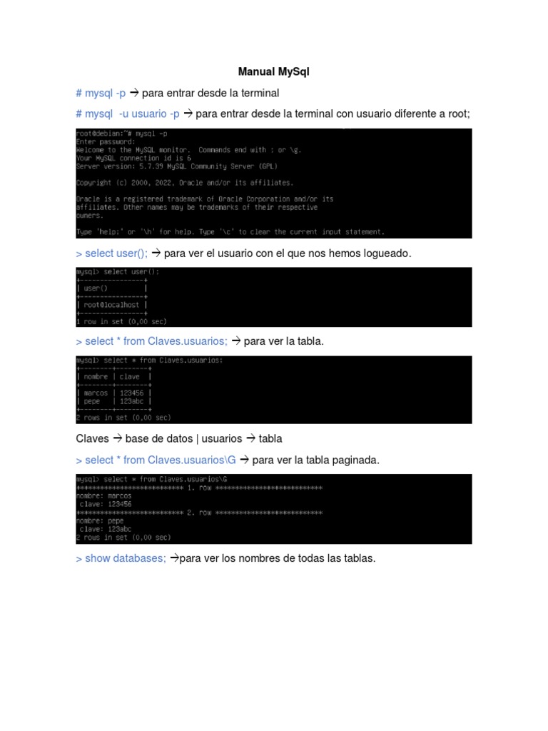 Guía de Comandos MySQL para Usuarios | PDF