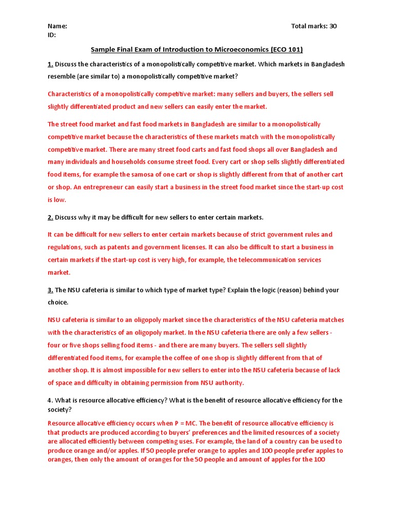 Eco 101 Solution of Sample Final Exam | PDF | Economic Surplus | Welfare Economics