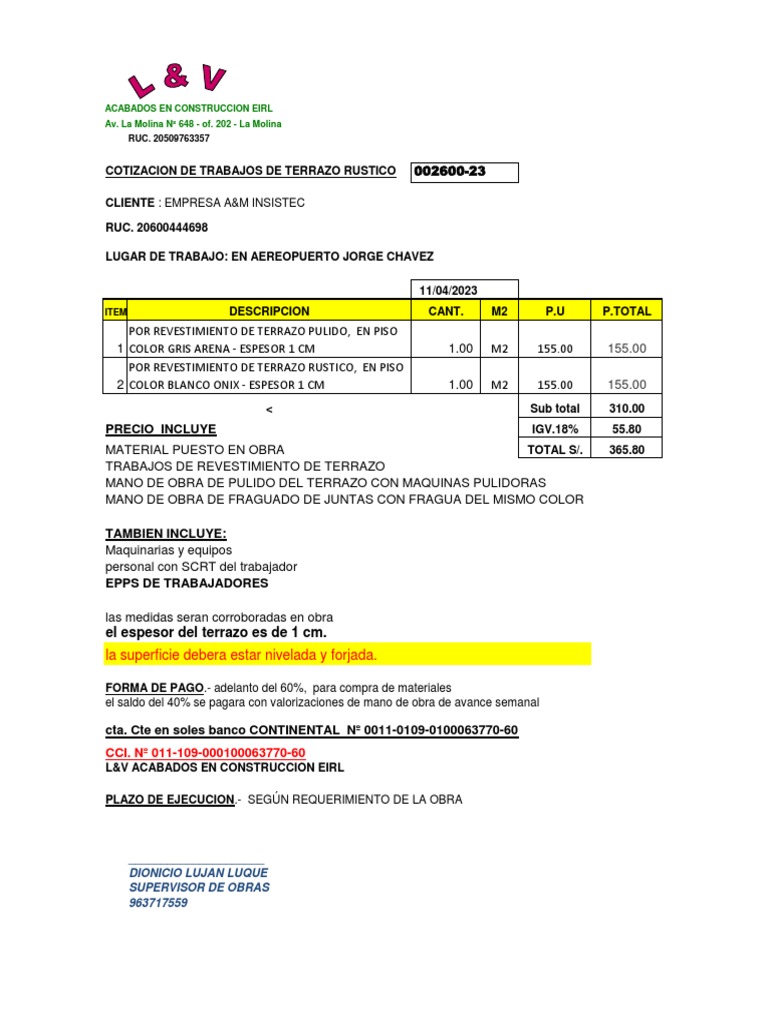 Cotiza Terrazo Pulido-A&m Insistec | PDF