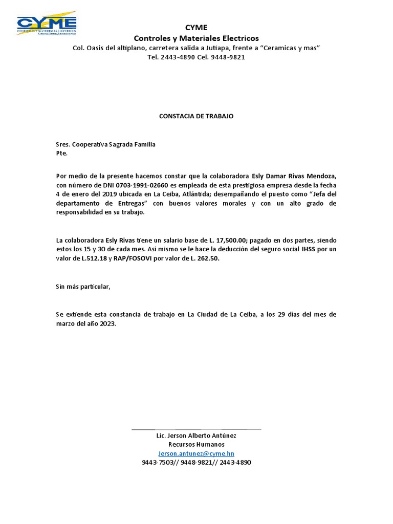 Carta de referencia laboral para Esly Damar Rivas Mendoza | PDF